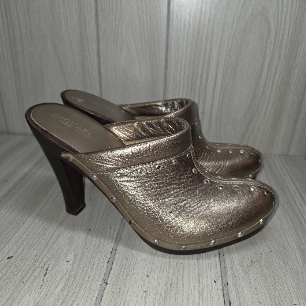 Michael Michael Kore Astor Gold Leather Wood Clogs St… - Gem